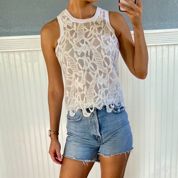 Parker | Tops | Parker White Floral Crochet Mesh Overlay Tank Top Xs ...